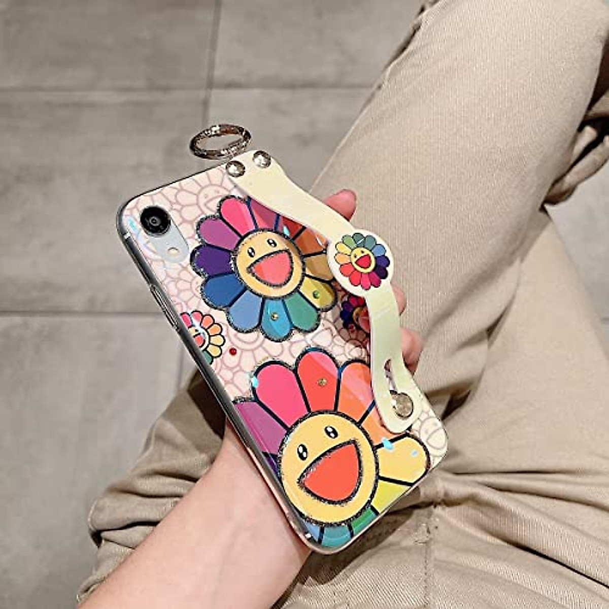Lastma for iPhone XR Case Cute with Wrist Strap Kickstand Glitter Bling Cartoon IMD Soft TPU Shockproof Protective Cases Cover for Girls and Women - Sunflower