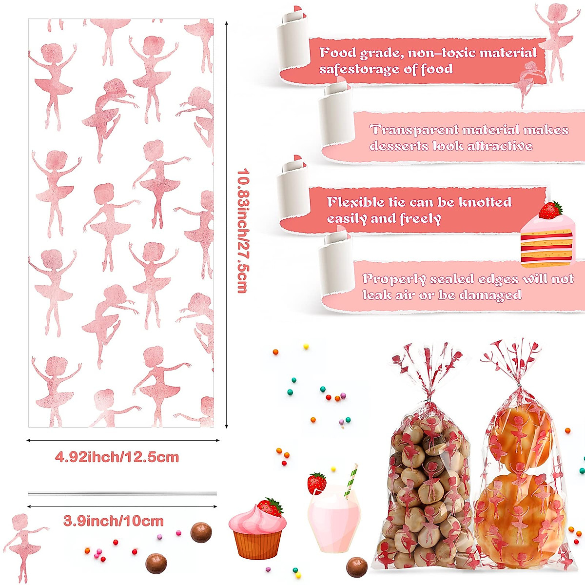 100 Pieces Ballet Cellophane Goody Bags Ballet Girl Plastic Goody Bag Dancing Girls Transparent Candy Bags with 100 Pieces Silver Twist Ties for Ballet Theme Baby Shower Birthday Party Decors, Pink