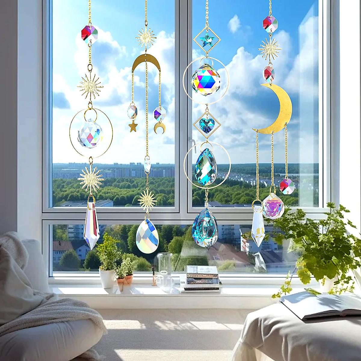 370 Pcs Crystal Suncatcher Kits Hanging Chandelier Crystals Prisms Parts Rainbow Maker Pendants for Stained Glass Window Hanging DIY Sun Catchers Beads Indoor Window Outdoor Garden Decor (Gold)