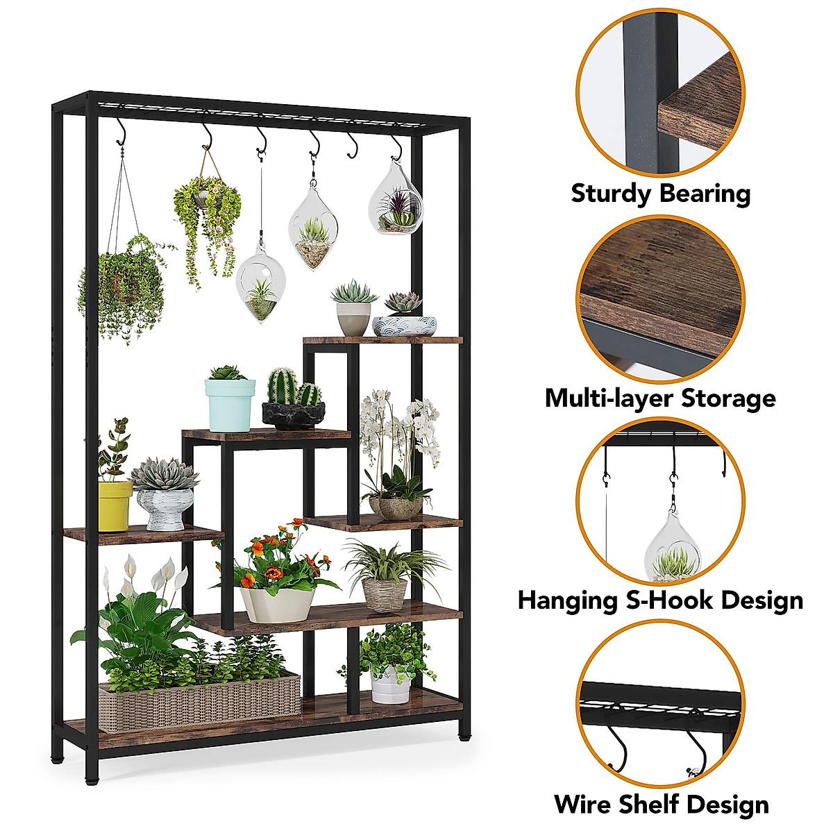 Tribesigns 5-Tier Tall Indoor Plant Stand, 70.9 inches Large Metal Plant Shelf with 6PC S Hanging Hooks, Multi-Purpose Flower Bonsai Pots Display Rack for Indoor, Garden, Balcony, Living Room