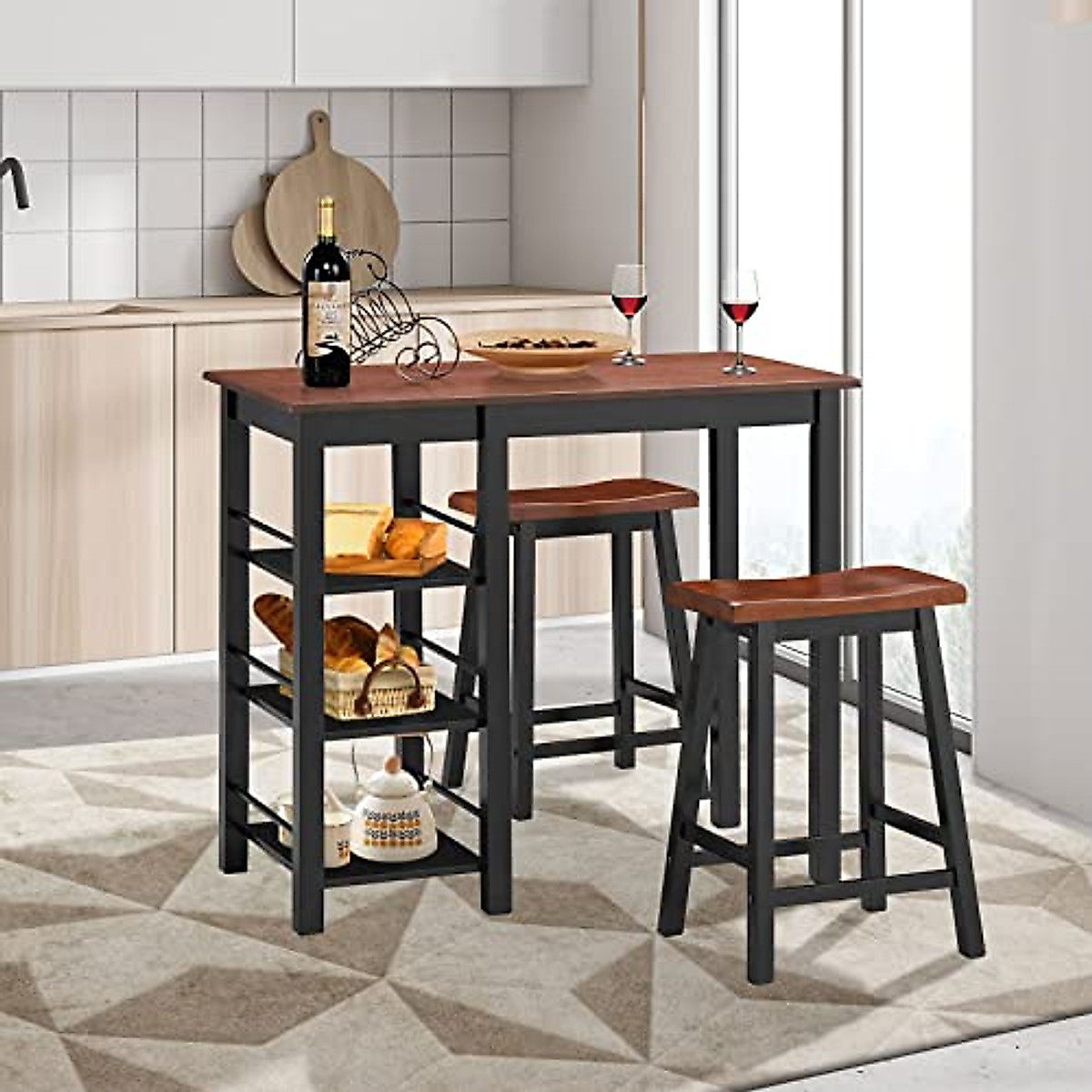COSTWAY 3 Pieces Pub Table and Chair Set, Counter Height Dining Table Set with 2 Stools and 3 Storage Shelves, Industrial Wood Kitchen Table Set for Bar Bistro, Living Room, Restaurant