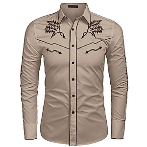COOFANDY Mens Western Cowboy Shirt Embroidered Denim Long Sleeve Casual Button Down Shirt (Large, Khaki)