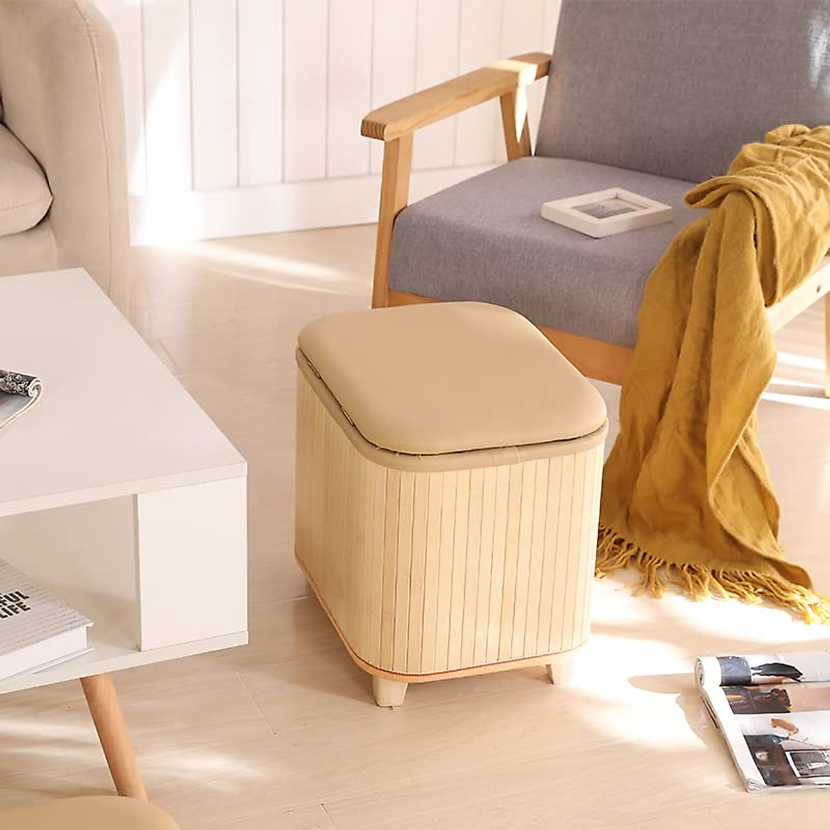 QQXX Bamboo Laundry Basket,Dirty Laundry Hamper Dirty Clothes Basket Bin with Lid and Removable Liner,Two Sections with Large Storage,Ideal for Bedroom Bathroom(Large,Two-Color)