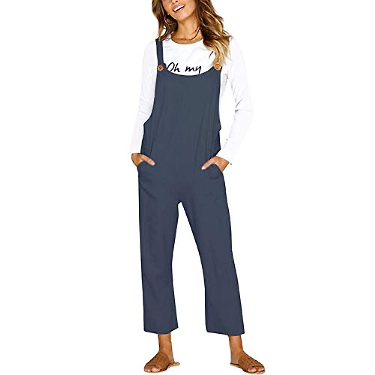 Sdeycui Women Casual Sleeveless Pockets Linen Rompers Long Pants Jumpsuits Pocket(Blue, XXL)