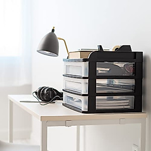 IRIS USA Medium 3-Drawer Desktop Organizer with Open Tray Top, 2 Pack, for Office, School, Stationary, Makeup Organizer, Bathroom, Utility, Medical Supplies, Desk Organizer, Versatile Storage, Black