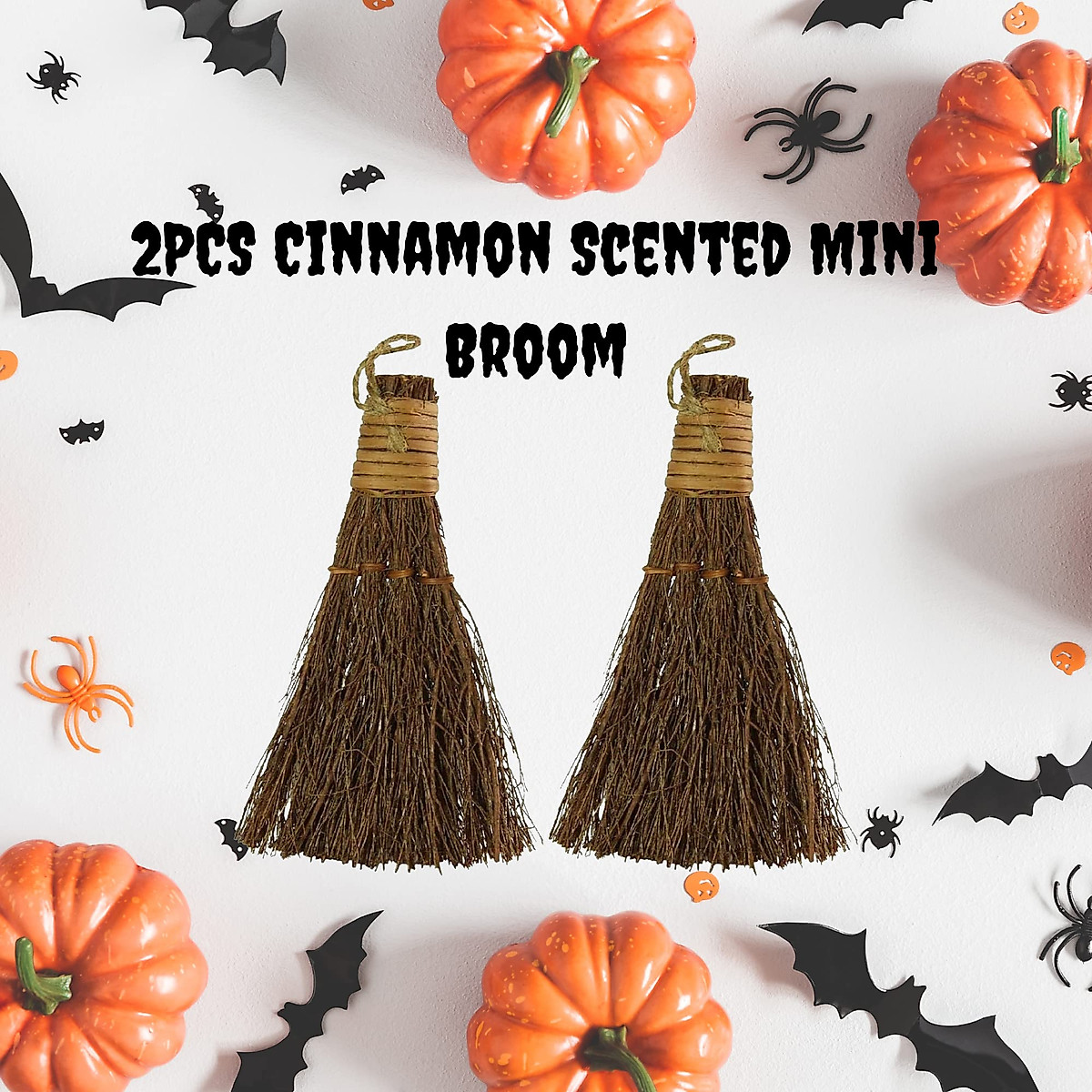 KRE Cinnamon Scented Broom 6 Inch Mini Hand Broom Fresh Scent for Fall Autumn Halloween Christmas Holiday DIY Art Craft Projects Material Farmhouse Home Decoration Gifts Pack of 2 with Bonus Hermbuch