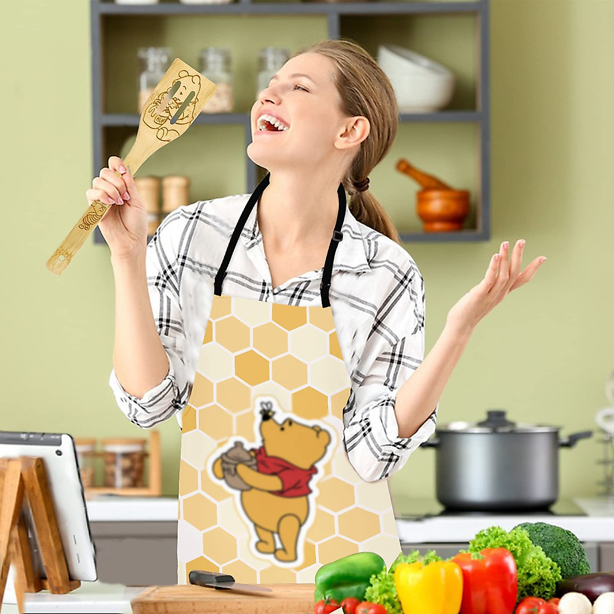 Mothers Day Gifts for Mom Christmas Gift Women Birthday Gift Cute Bear Wooden Cooking Spoons Set Bamboo Kitchen Cooking Utensils Set with Apron Oven Mitt Potholder Set