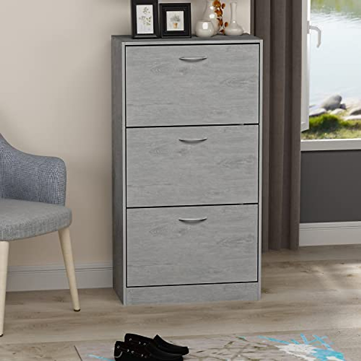 Homsee Modern Shoe Storage Cabinet with 3 Flip Drawers, Wood 3-Tier Shoe Rack Storage Organizer for Entryway, Hallway & Bedroom, Grey (22.4”L x 9.4”W x 42.1”H)