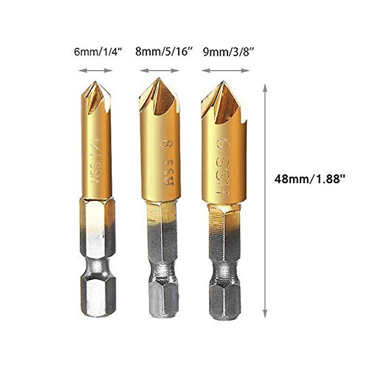 Countersink Drill Bit Set 3 Pcs 1/4'' Hex Shank High Carbon Steel 5 Flute Countersink 90 Degree Center Punch Tool Sets for Wood Quick Change Bits 6mm 8mm 9mm