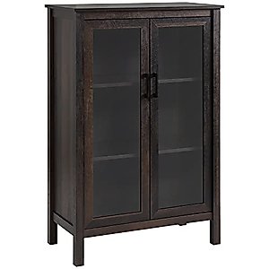 HOMCOM Rustic Kitchen Storage Cabinet, Accent Sideboard with Glass Doors Adjustable Shelves for Dining Living Room, Brown Wood Grain