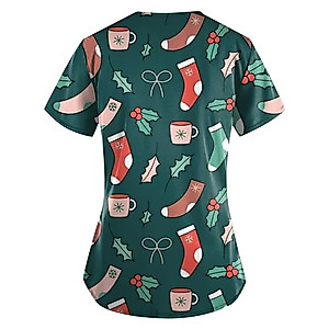 Christmas Women's Nurse Uniforms Short Sleeve Mock Wrap Scrubs Care V-Neck Shirt with Pockets Workwear Long Sleeve Scrub Top(1-Dark Green,3X-Large)