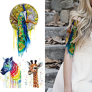 Glaryyears Watercolor Animal Temporary Tattoos, 5 Pack Large Fake Long Lasting Tattoo Stickers for Adults Women Men Makeup, Owl Dog Peacock Giraffe Zebra Painting on Body Art Decoration Rock Tumbler