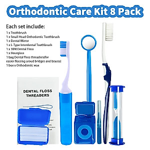 Braces Cleaning Kit for Teeth, Portable Orthodontic Toothbrush Kit Oral Care Dental Travel Kit - Interdental Brush Dental Wax Dental Floss Toothbrush Box (Blue B)