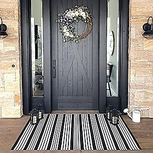 Black and White Striped Outdoor Rug Front Porch Rug 27.5"x43" Front Door Mat Cotton Hand-Woven Reversible Mats for Outdoor,Entryway,Laundry Room,Farmhouse,Kitchen (27.5"x43")