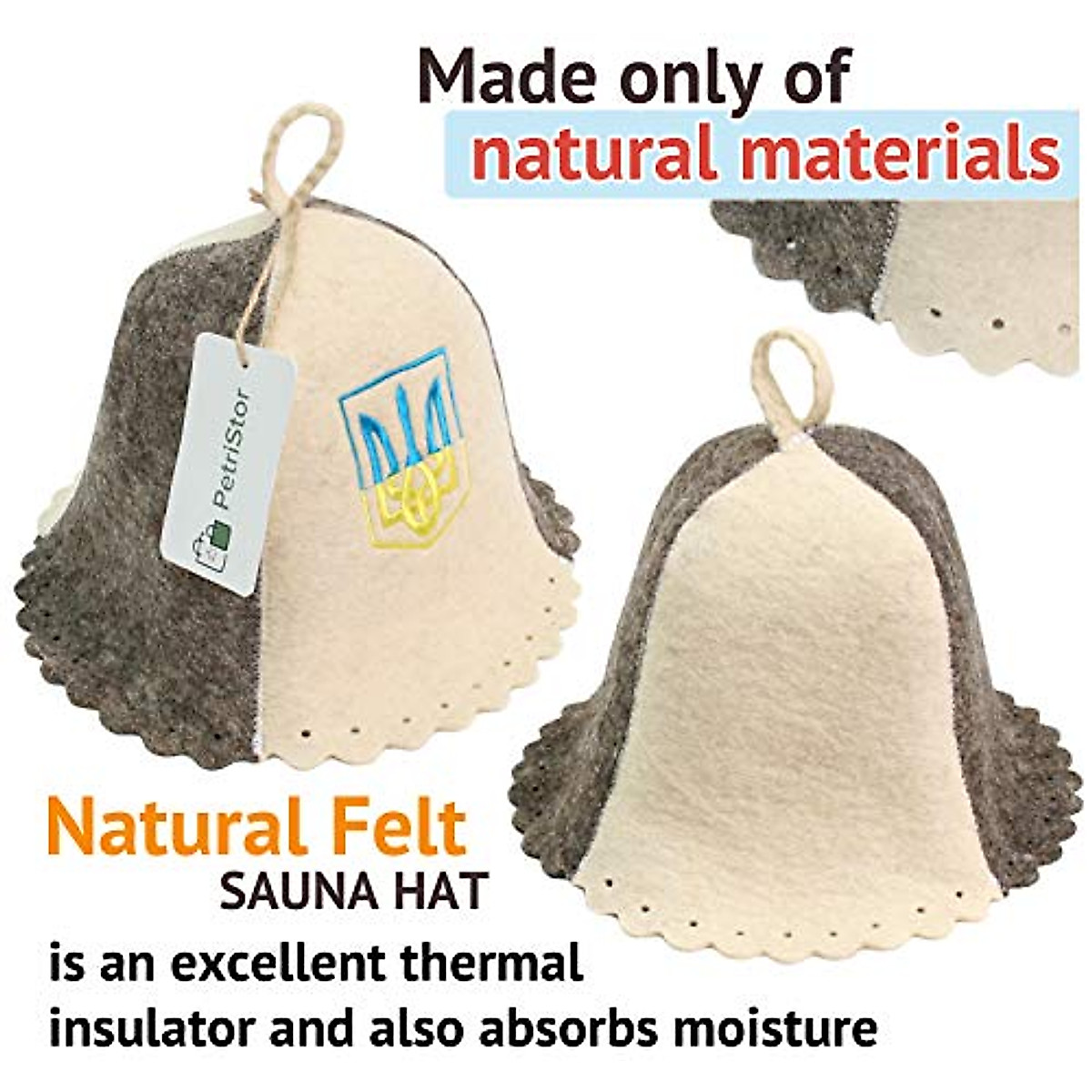 PetriStor Embroidery Ukrainian Hat Coat of Arms Tryzub - Hats Sauna Hat for Men - Ukraine Sauna Hat for Men - Banya hat - Natural Felt - Sauna Hat Finnish - Wool Sauna Hat for Men
