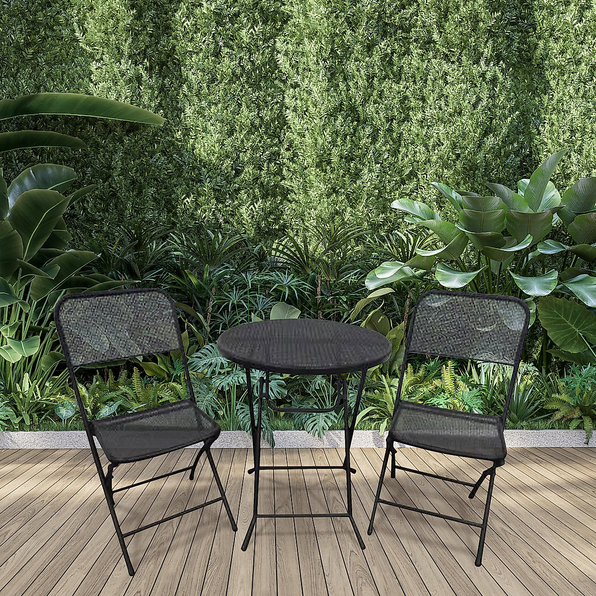Four Seasons Courtyard Padova 3 Piece Bistro Outdoor Backyard Dining Set with 2 Folding Chairs and Round Table Furniture for Patios or Decks, Black