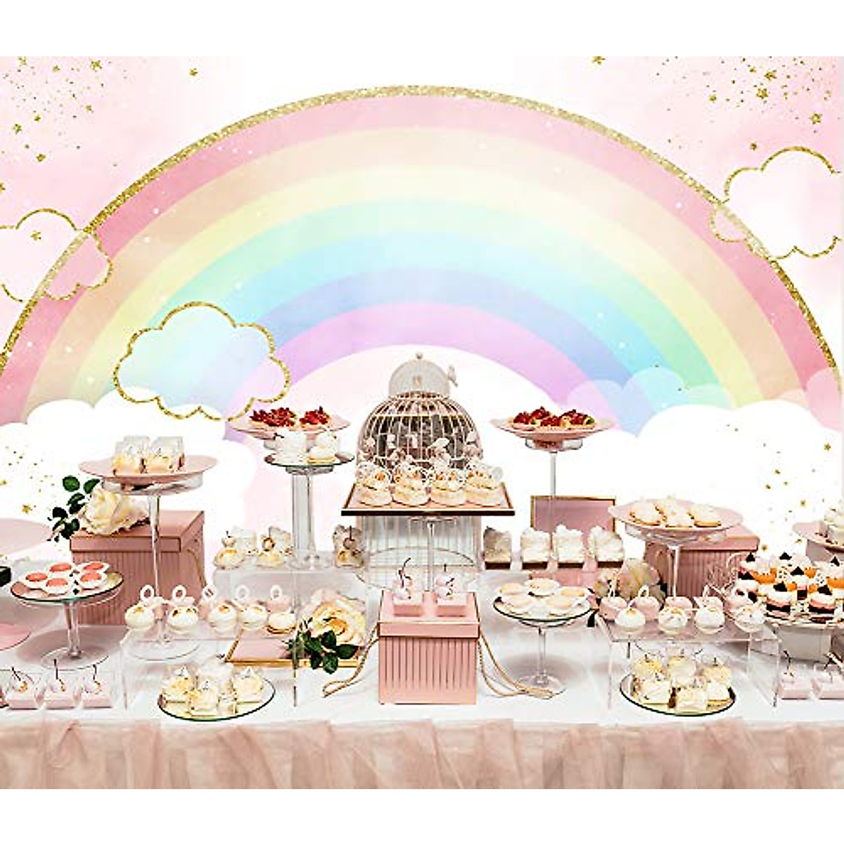 Ticuenicoa 7x5ft Rainbow Backdrop Baby Shower Background Pink Gold 1st Birthday Photography Backdrops Watercolor Cloud Girls First Birthday Party Decorations Cake Table Banner Kids Photo Booth Props