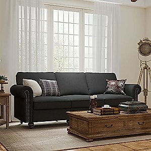 Nolany 3 Seater Sofa Linen Fabric Couch with Reversible Back Cushions Upholstered Sofa 3-Seat Couch for Small Space, Dark Grey