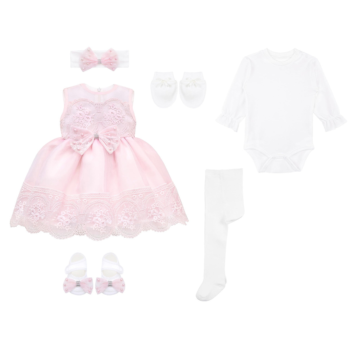 T.F. Taffy Baby Girl Newborn Pink Embroidered Princess Dress Gown 6 Piece Deluxe Set 0-3 Months