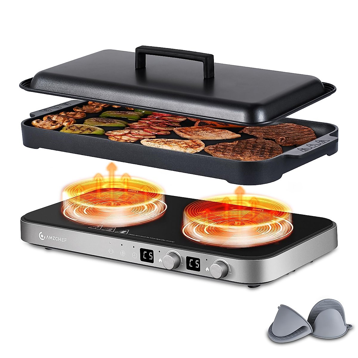AMZCHEF Double Induction Cooktop with Removable Iron Cast Griddle Pan Non-stick, 1800W 2 burner Portable Induction Stove With Sensor Touch 9 Power Levels, 99 Min Timer, Iron Grey