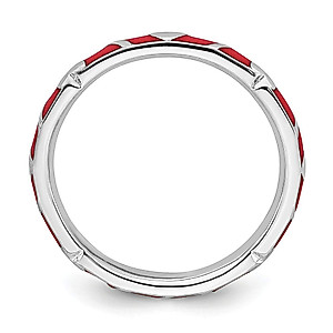 Solid 925 Sterling Silver Stackable Red Enamel Heart Ring Eternity Band Size 7