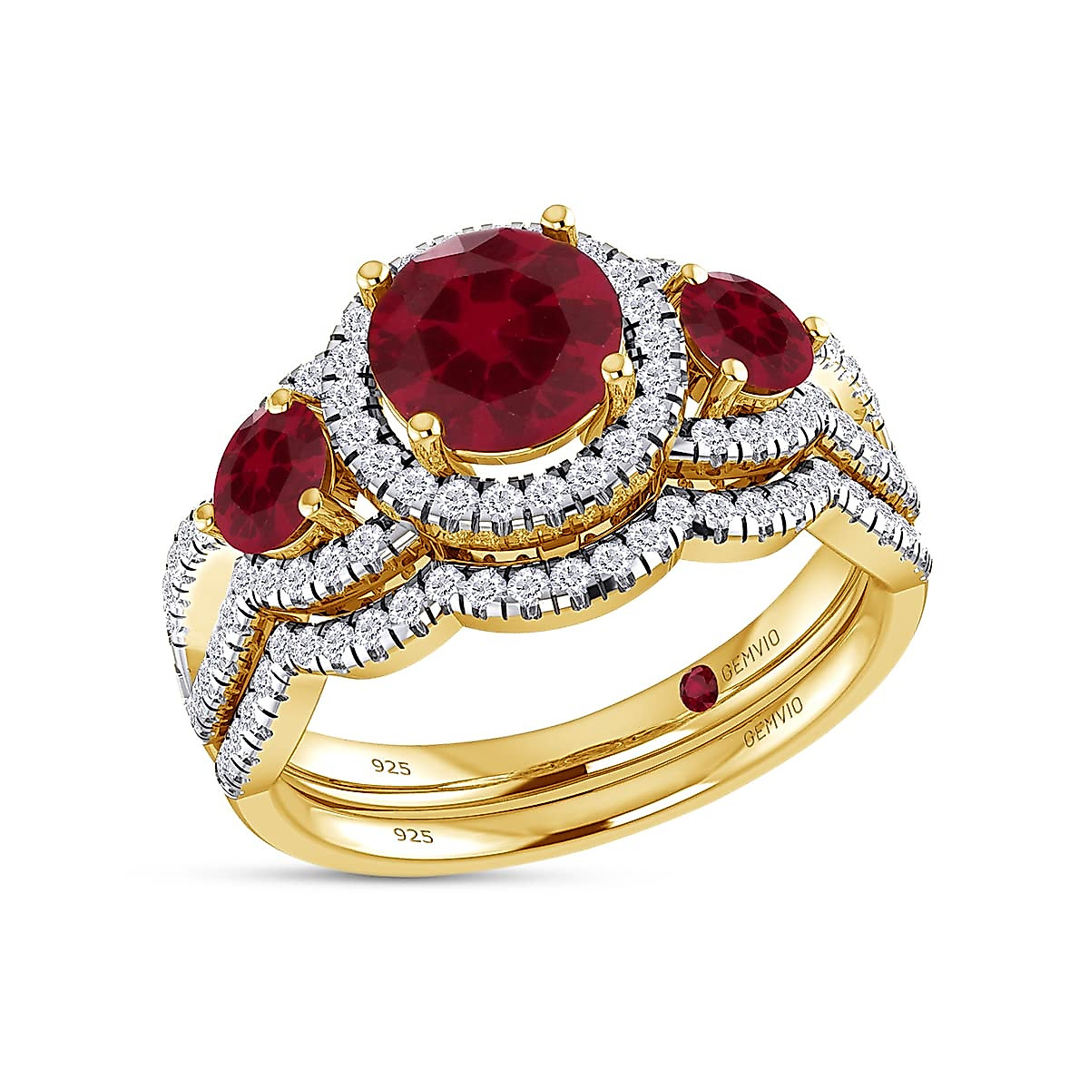 GEMVIO Collection Three Stone Ring, Round Cut Lab Created Ruby Gemstone & Natural Diamond Halo Bridal Set Engagement Ring In 14K Yellow Gold Over Sterling Silver Wedding Band Ring-8