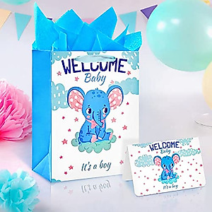 13" Large Baby Shower Birthday Gift Bags for Boy with Tissue Papers and Card(Elephant)