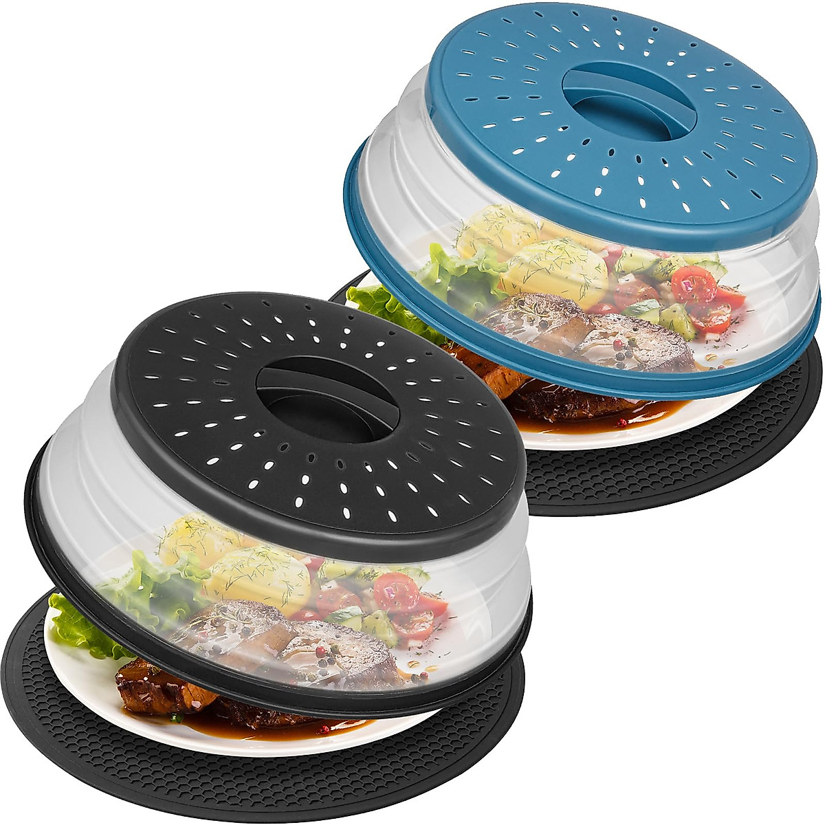 4 in 1,WENWELL 2 Microwave Splatter Cover & 2 Mat,Cooking Splash Guard with Handle,Kitchen dish bowl Plate Proof Food lid & Silicone Round mat,Home Apartment Essential