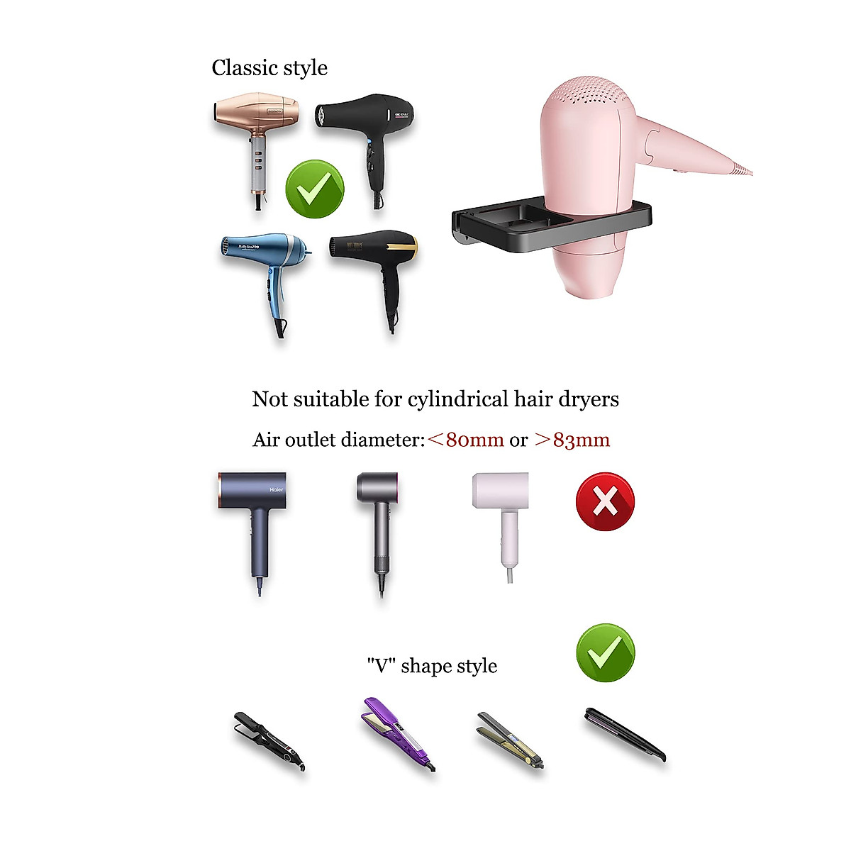 Wall Mount for Blow Dryer Hair Dryer Holder Compatible with Flat Iron Holder Wall Mount for Hair Tool Storage Organizer Straightener Holder Rack (Black)