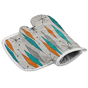 Chic D Kitchen Oven Mitts Gloves and Pot Holders Sets, Retro Modern Mid Century Geometric Heat Resistant Oven Mittens and Potholders Hot Pads Set Non-Slip for Cooking BBQ Baking Grilling