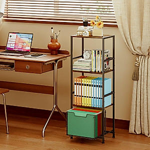 4-Tier Standing Storage Shelves, Narrow Shelving Unit for Small Places, Metal Wood Combination Storage Shelf Rack with Wire Basket,Adjustable Utility Shelf for Bathroom Kitchen Laundry Garage