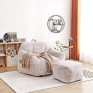 LITA Bean Bag Chair with Ottoman, Fur Faux Armrests Accent Chair High-Density Foam Filled Giant Lazy BeanBag Sofa with Pocket & Foot Stool for Living Room, Bedroom, Coffee