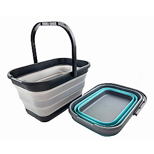 SAMMART 12L (3.1 Gallon) Collapsible Rectangular Handy Basket/Bucket/Multiuse Foldable Water Pail for Camping, Fishing (Alloy Grey + Crystal Blue (Set of 2))