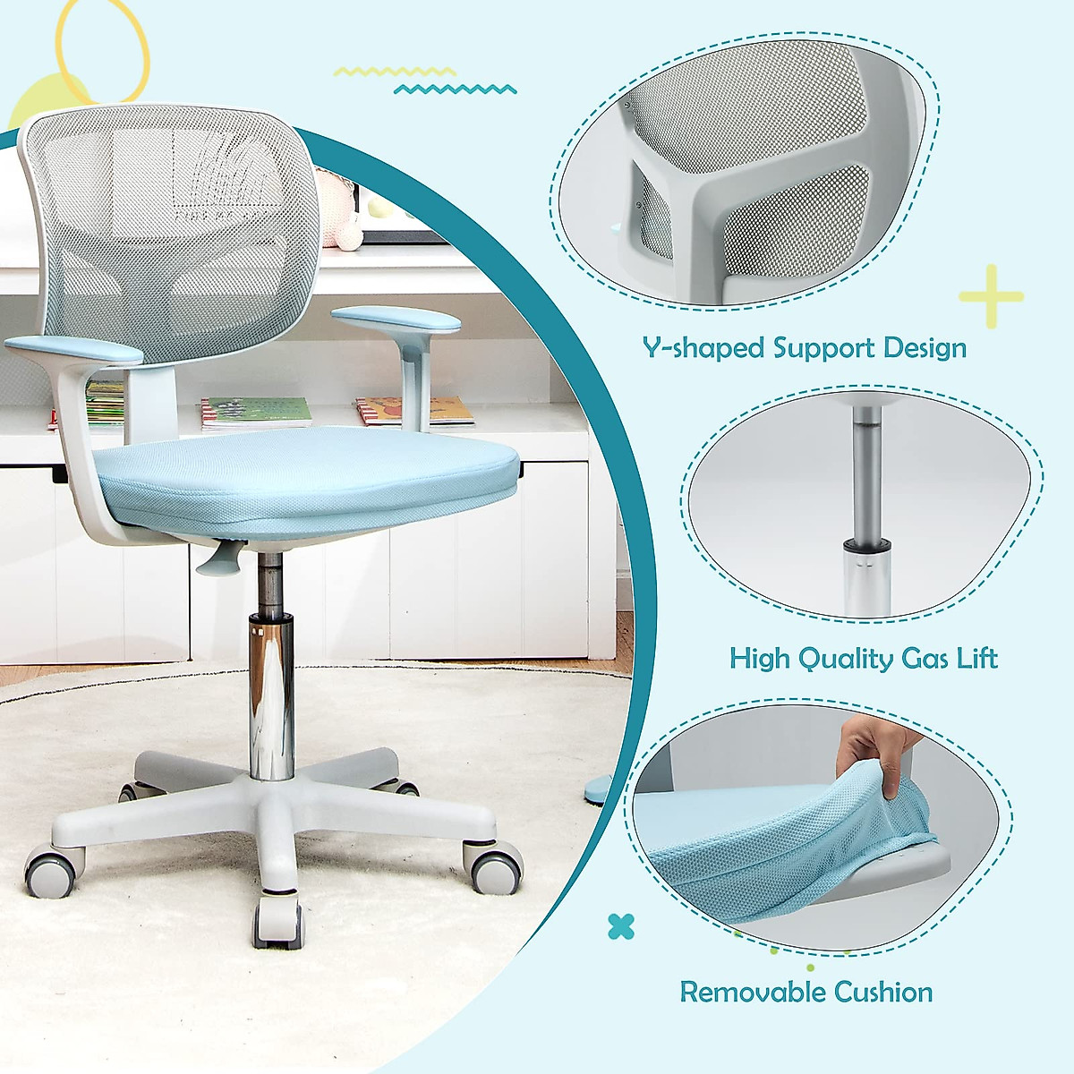 HONEY JOY Kids Desk Chair, Height Adjustable Children Study Chair, Swivel Mesh Task Student Chair, Universal Casters, Child Computer Desk Chair for Boys Girls Age 3-10 (Blue)