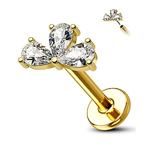 COCHARM 14K Gold Cartilage Earring Stud Yellow Gold 16g Flat Back Cartilage Stud Three leaf 14K Solid Gold Push in Cartilage Piercing Stud Conch Earring Stud Gold