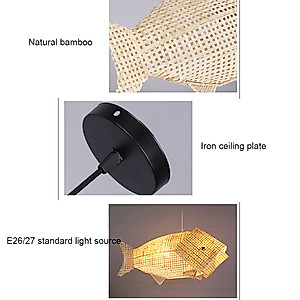 PARREN Fish-Shape Lantern Chandelier Hand-Wove Lamp Shade Modern Boho Style Bamboo Art Wicker Pendant Lamp Adjustable Ceiling Lighting Fixture Over Kitchen Island for Living Room,Dining Room Bedroom