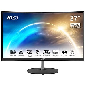 MSI Pro MP271CA, 27" Monitor, 1920 x 1080 (FHD), Curved VA, 75Hz, TUV Certified Eyesight Protection, 4ms, Displayport, HDMI, Tilt, Black