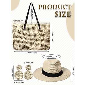 Straw Large Beach Bag for Women's Woven Beach Bag and Beach Hats Set Beach Earring Handmade Shoulder Bag Handbag Bohemia Set(Beige)