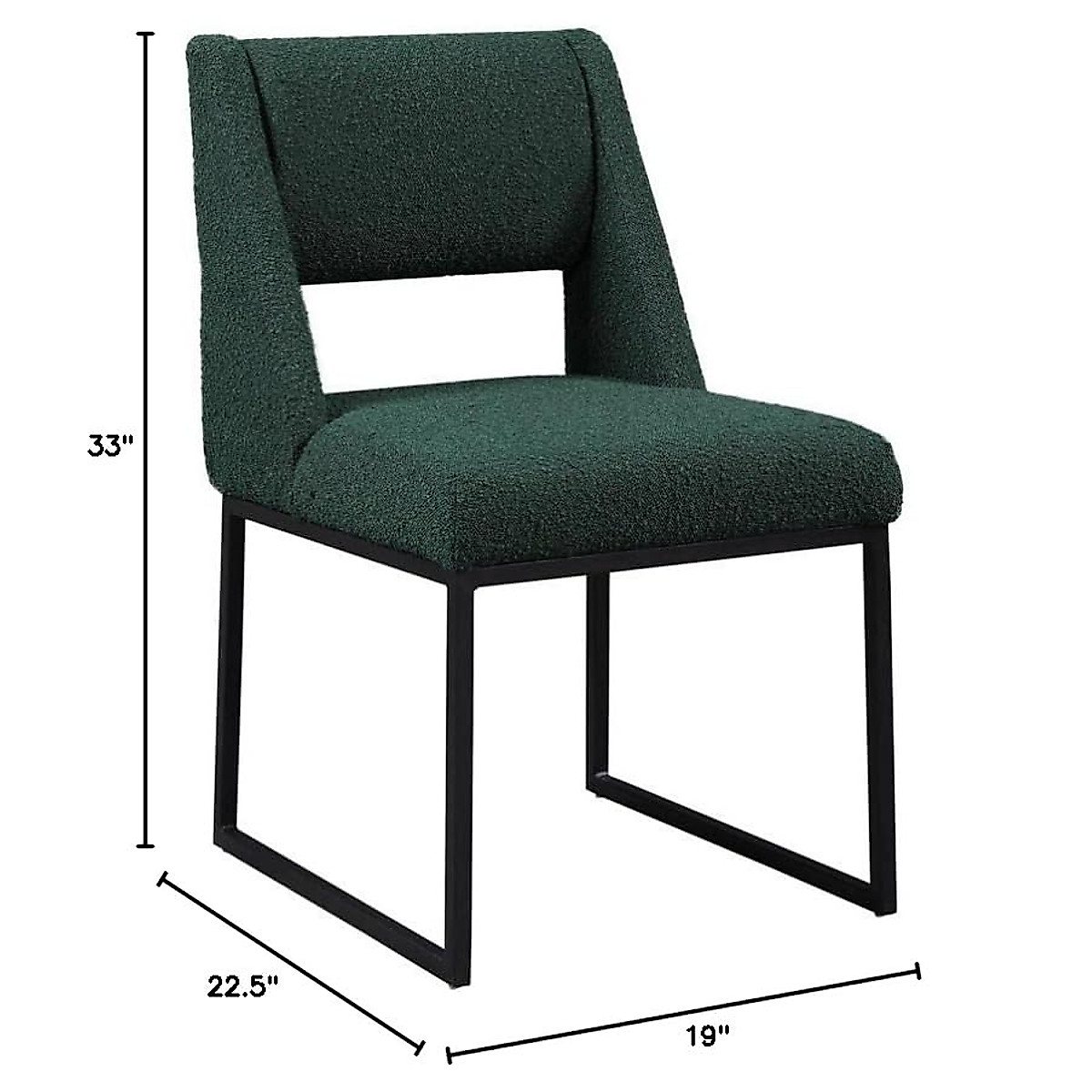 Meridian Furniture 839Green-C Jayce Collection Modern | Contemporary Dining Chair with Rich Green Boucle Fabric, Matte Black Iron Base, 19" W x 22.5" D x 33" H, Green, Set of 2