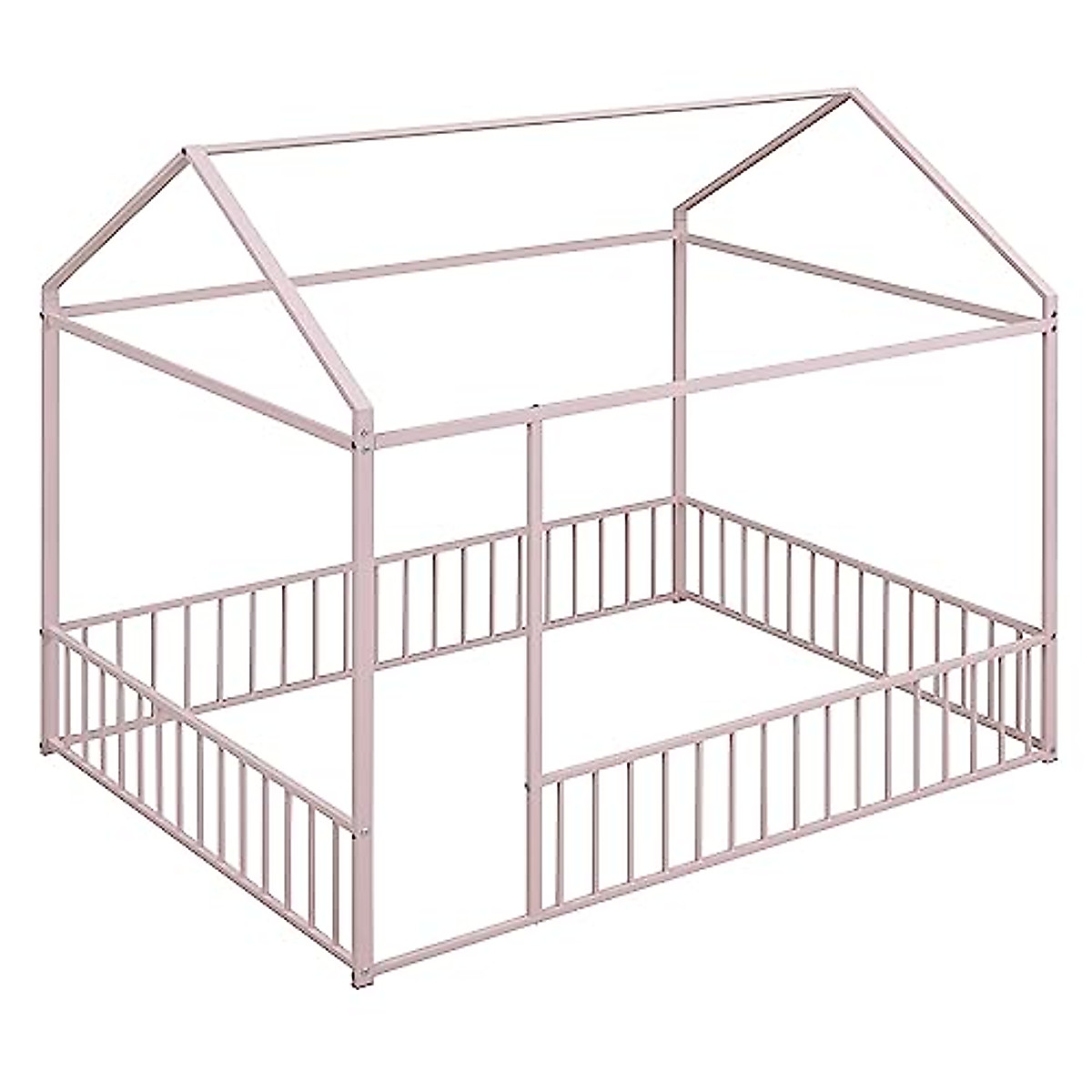 HBRR Full Size Montessori House Bed for Kids, Metal Floor Beds with Fence Railings & Roof, Full Playhouse Bed for Boys Girls, Box Spring Needed, Pink