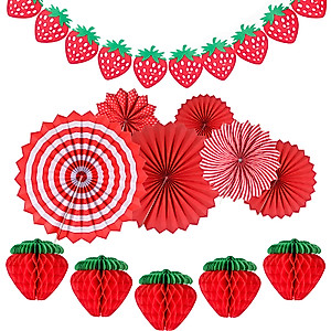 Outus 12 Pcs Strawberry Birthday Party Decorations Supplies Include 5 Strawberry Honeycomb Balls 1 Strawberry Garland 6 Paper Fans Decor Strawberry Themed Decorations for Birthday Party