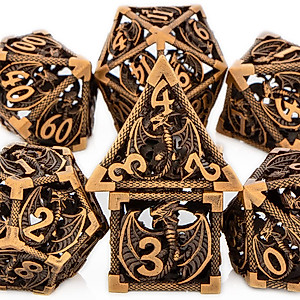 Hollow Metal Dice Set Dragon DND Dice Box, Polyhedral Dungeons and Dragons Dice for RPGs Role Playing Games, MTG, Pathfinder, Shadowrun, Math Teaching, D20 D12 D10 D8 D6 D4 D&D Dice Set