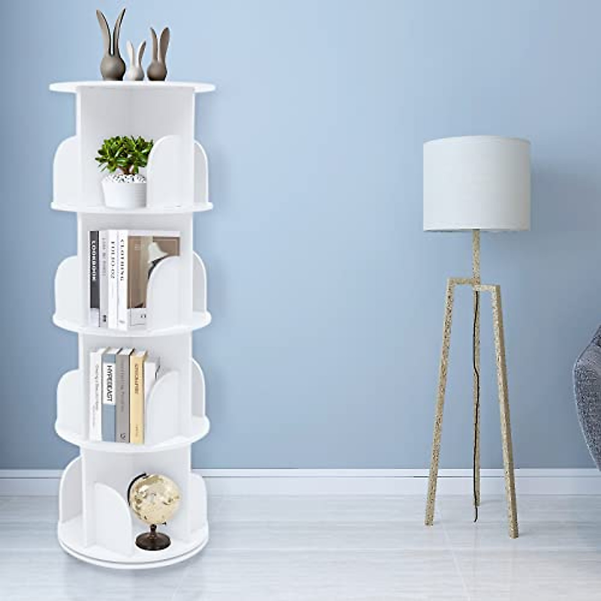 CeRaBuRET White 360° Rotating Bookshelf, 4 Tier Stackable Tall Bookshelf Bookcase with Storage Shelves Floor Standing Bookshelf Display for Living Room, Bedroom and Office, 15.7 * 15.7 * 46.5in