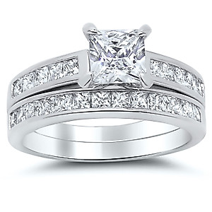 Sterling Silver Princess Cut Bridal Set Engagement Wedding Ring Set (Size 7)