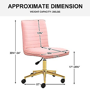 Furnimart Modern Armless Desk Chair Pink Cute Vanity Velvet Upholstered Office Chair Teen Girl Dorm Chair Mid-Back Home Office Chair Swivel Adjustable Small Chair Soft Seat (Velvet-Pink)