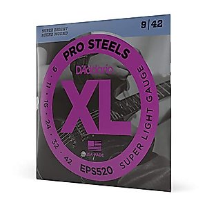 D'Addario Guitar Strings - ProSteels Electric Guitar Strings - Round Wound - Brighter, Crunchier, Increased Sustain - EPS520 - Super Light, 9-42