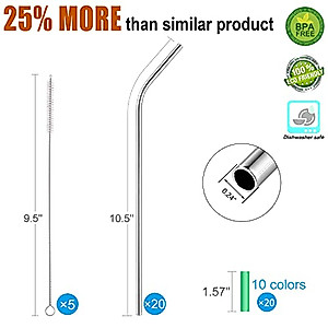 MUTNITT Set of 20 10.5" Reusable Stainless Steel Straws Bent Reusable Straws with 20 Silicone Tips 5 Cleaning Brush 1 Travel Case Eco Friendly Extra Long Metal Straws Drinking for 20 24 30 oz Tumbler