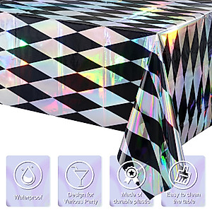 3 Pack Black and Iridescent Diamond Checkered Plastic Tablecloths, Black Gingham Plastic Table Cover, Holographic Foil Rectangle Tablecloth for Wonderland Picnic Camping Oktoberfest Party, 54x108 Inch