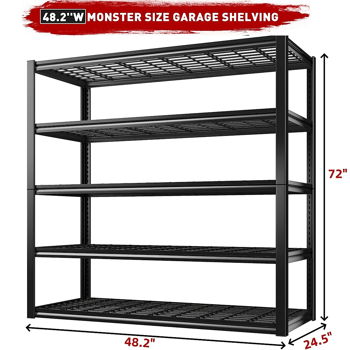 REIBII 3010LBS Storage Shelves 48.2'' W Garage Shelving Heavy Duty Shelving 5 Tier Adjustable Metal Shelves for Storage Rack Wire Shelving Industrial Utility Shelf 48.2'' W X 24.5'' D X 72'' H