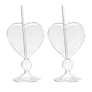 8 Oz Unique Cocktail Glasses Set of 2 Creative Heart Shaped Wine Glasses with Straw Romantic Drinking Glasses Juice Glasses for Wedding Home Bar Party(Glossy)